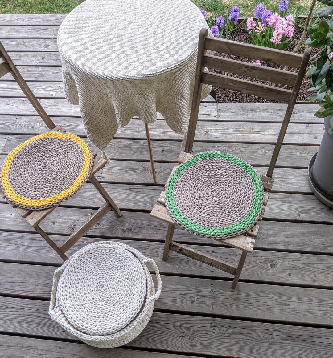 Set of 2 Round Chair Pads Rustic Rope Grey Yellow Green - Crochet ...