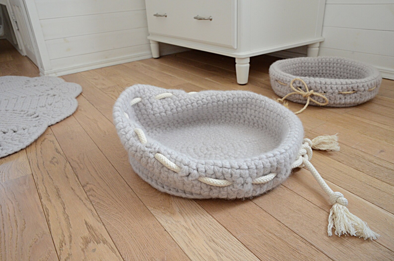 Wool pet bed with cotton rope tassels crochet dog beds | Etsy