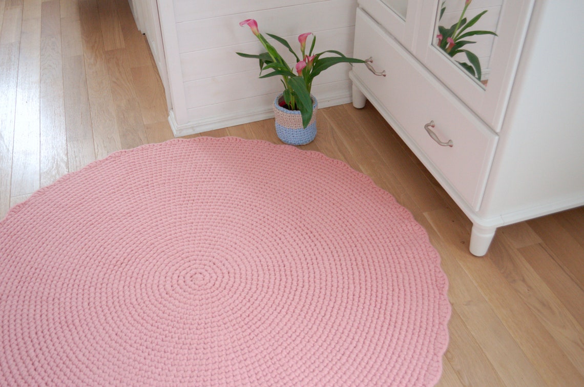 Round Rug Baby Pink Large Crochet Wool Rug Felted Nursery | Etsy