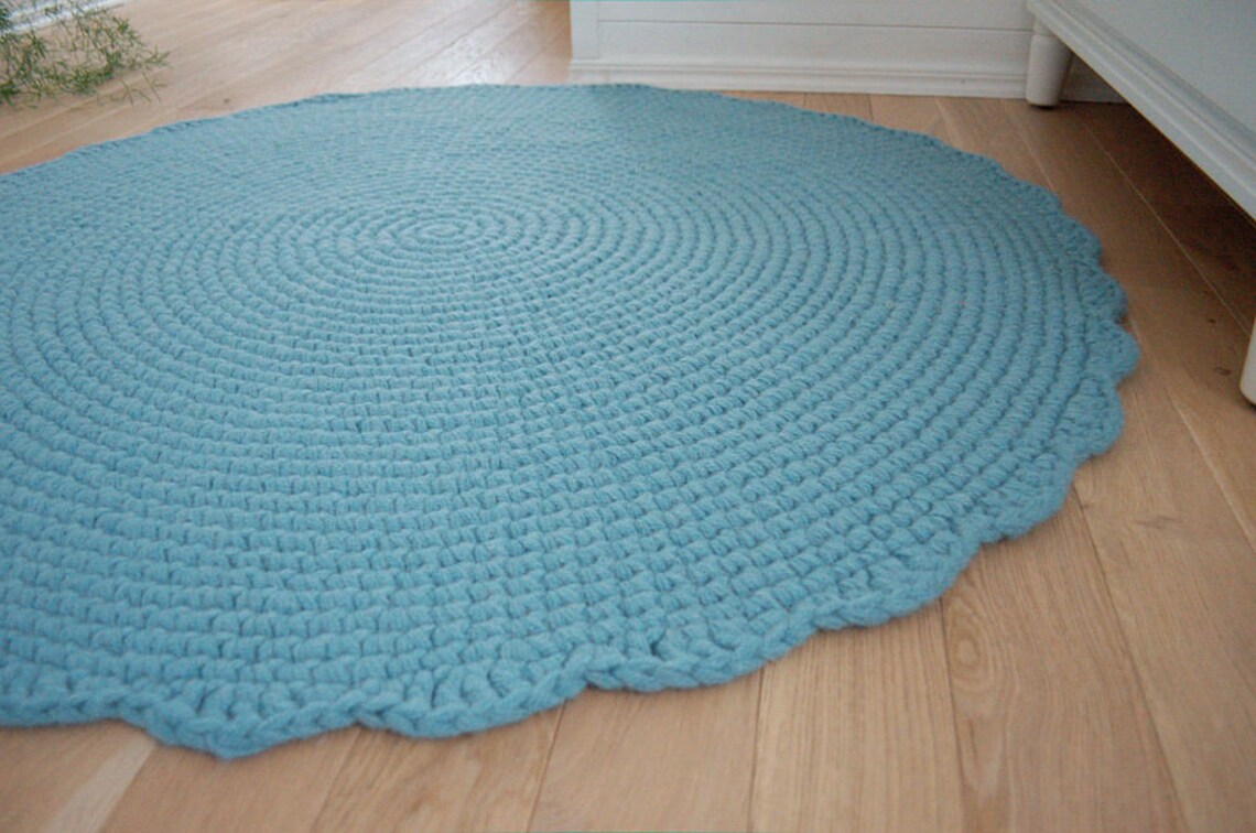 Round Crochet Wool Rug 120cm Teal Blue Rug Nursery Rug Baby | Etsy