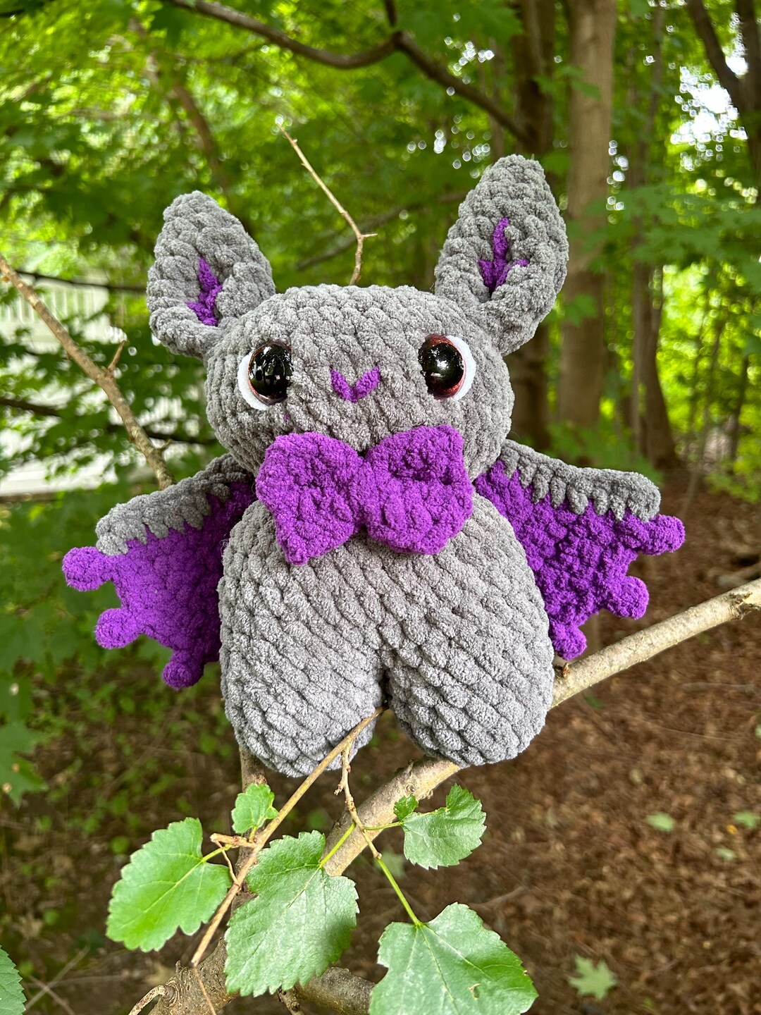 Crocheted Plush Bat: Grey Halloween Decor With Purple Bowtie - Etsy
