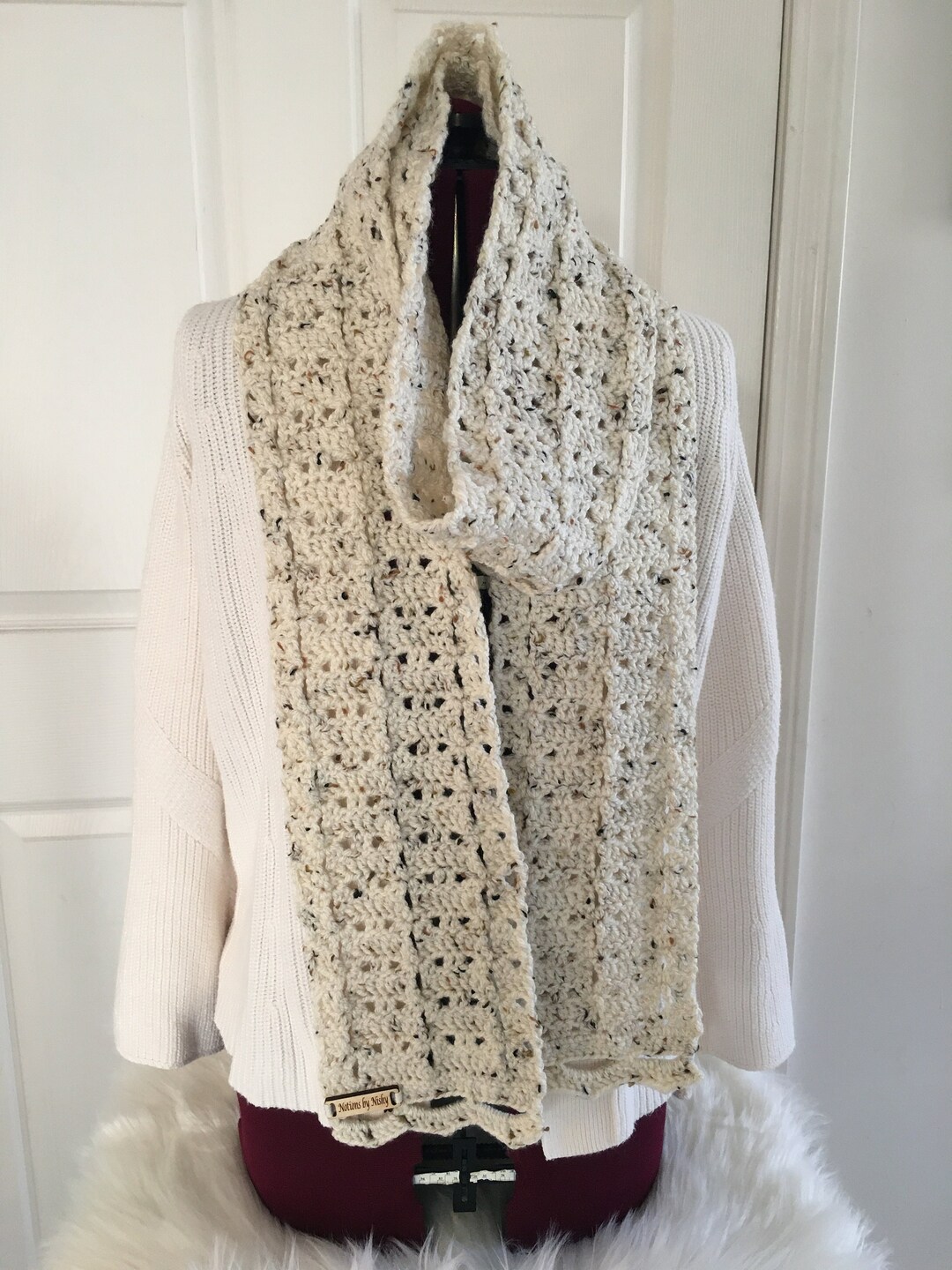 Plush Long Rectangular Scarf Handmade Crochet Neutral Colors Gifts for ...