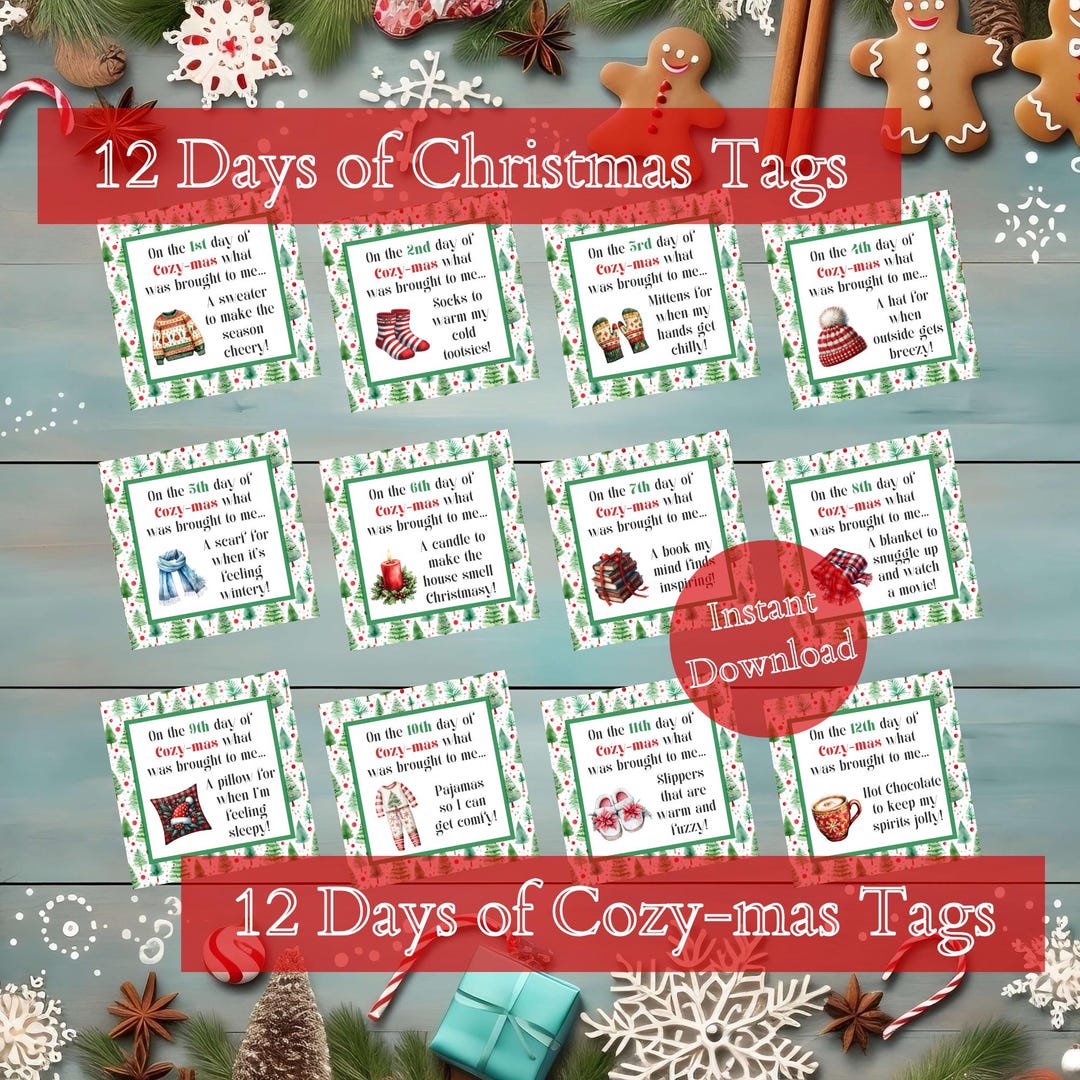 12 Days of Cozy-mas Gift Tags, Twelve Days of Christmas Gift Tags ...