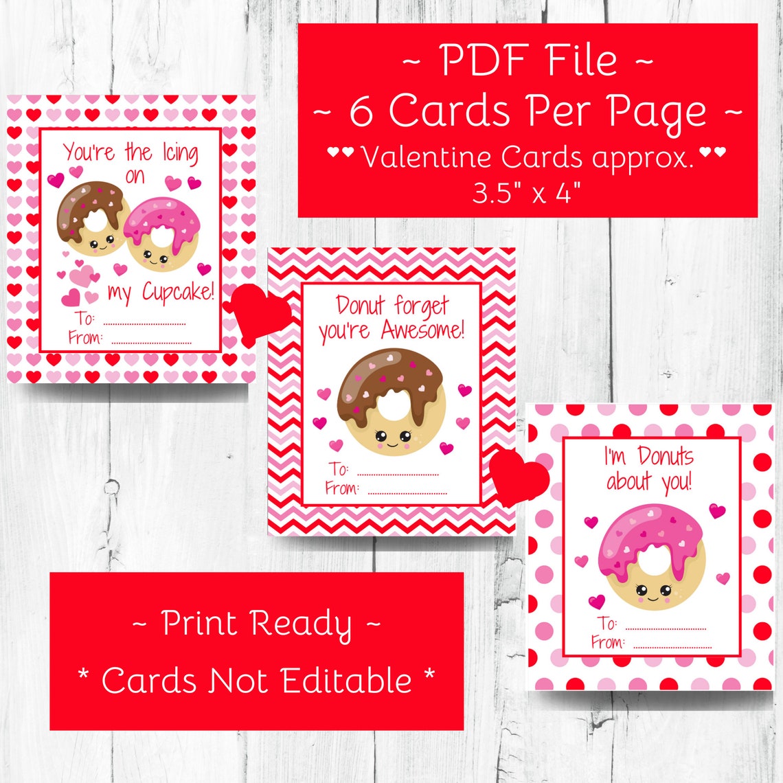 Printable Donut Valentine Cards, Kids Classroom Donut Valentine's Day ...