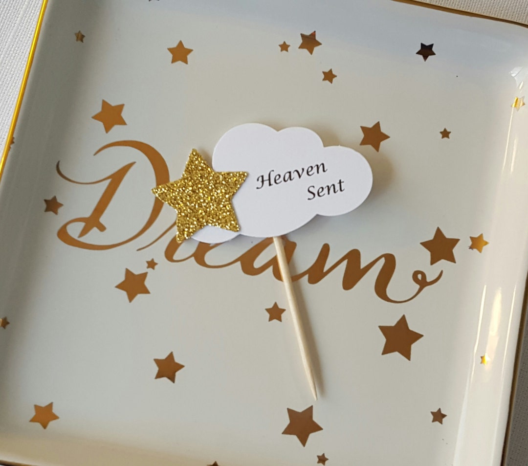 Gold Star on White Cloud 'heaven Sent' Baby Shower Cupcake Toppers, Set ...