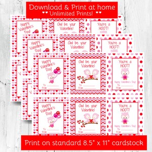 Printable Owl Valentine Cards, Kids Classroom Owl Valentine's Day Cards ...