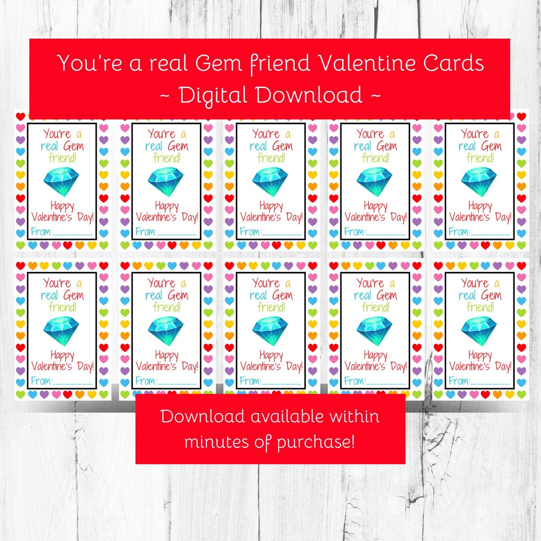 Printable You're a Real Gem Friend Valentine's Day Card Favor Tag, Kids ...