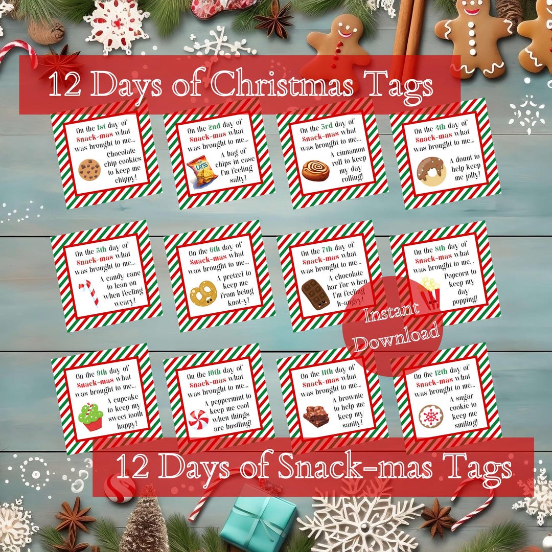 12 Days of Snack-mas Gift Tags, Twelve Days of Christmas Gift Tags ...