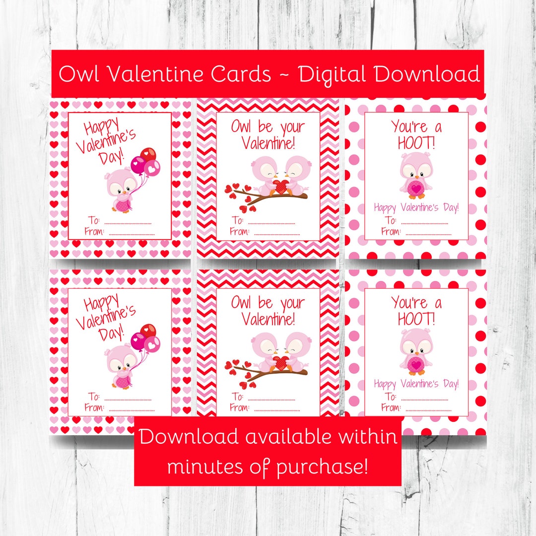 Printable Owl Valentine Cards, Kids Classroom Owl Valentine's Day Cards ...