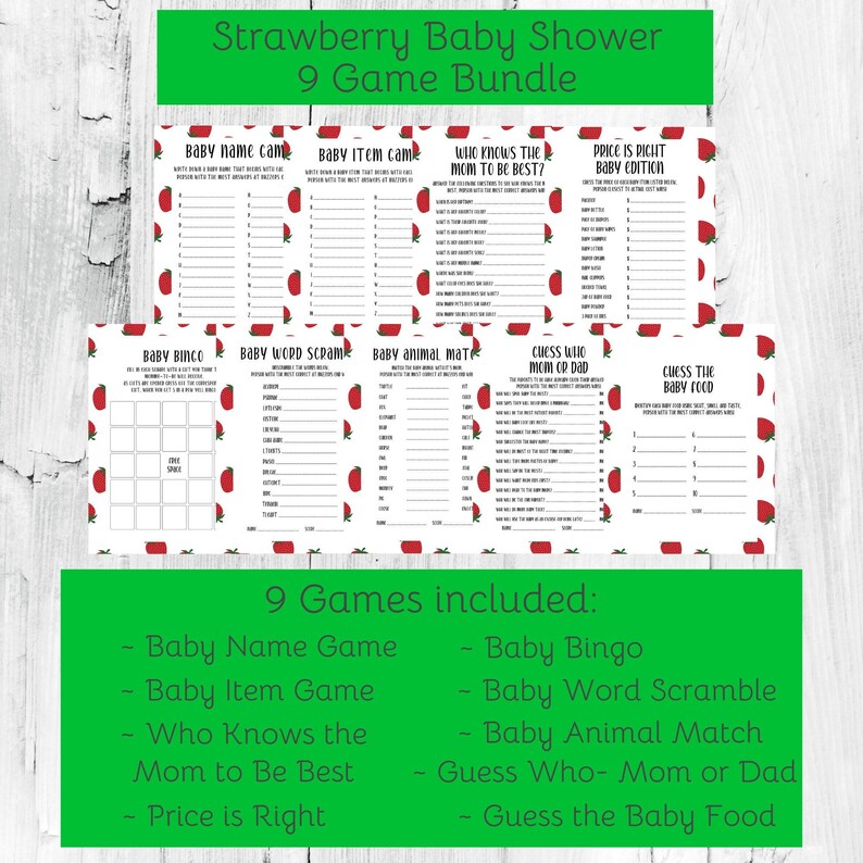 Strawberry Printable Baby Shower Game Bundle, Berry Sweet One, Instant ...