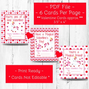 Printable Unicorn Valentine Cards, Kids Classroom Unicorn Valentine's ...
