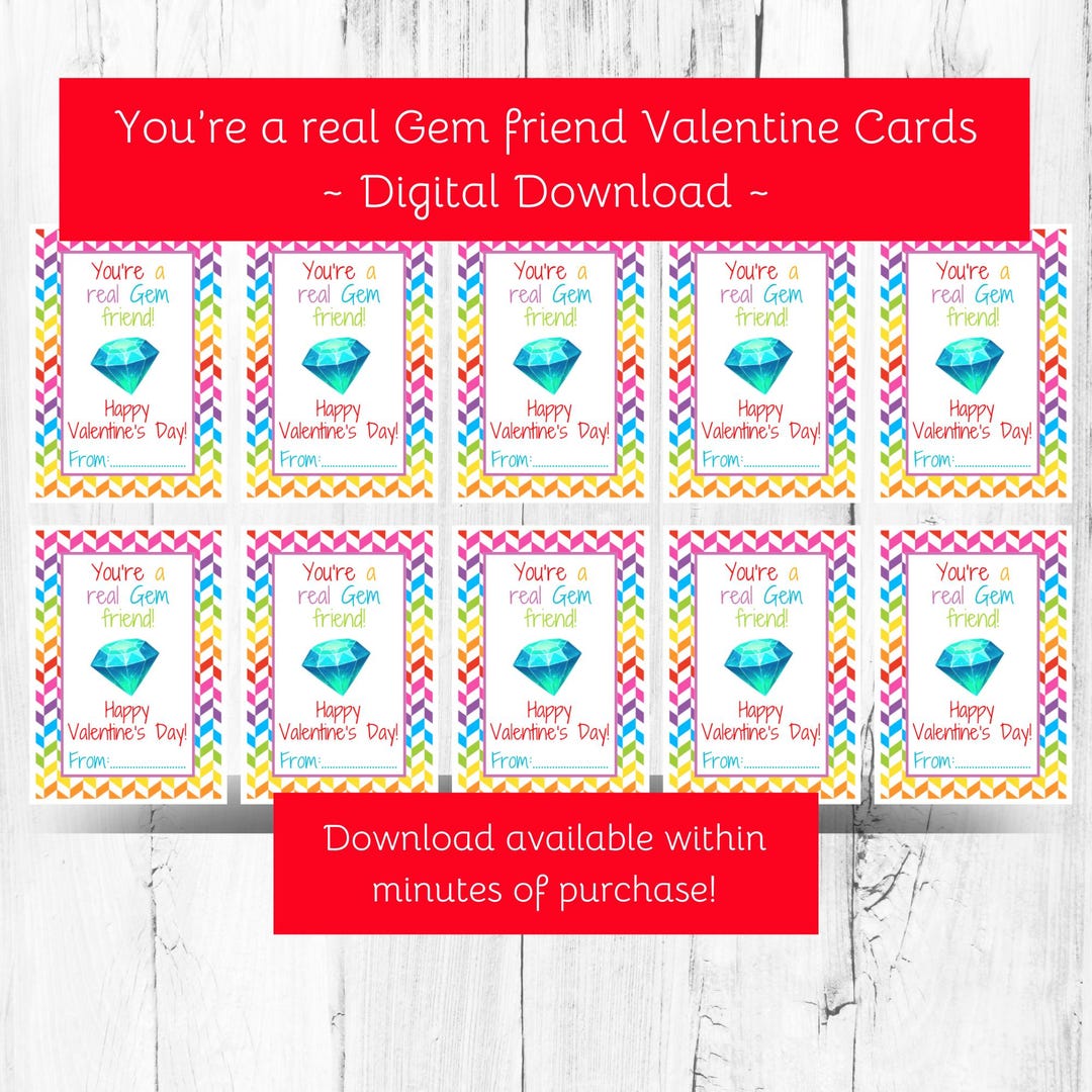 Printable You're a Real Gem Friend Valentine's Day Card Favor Tag, Kids ...