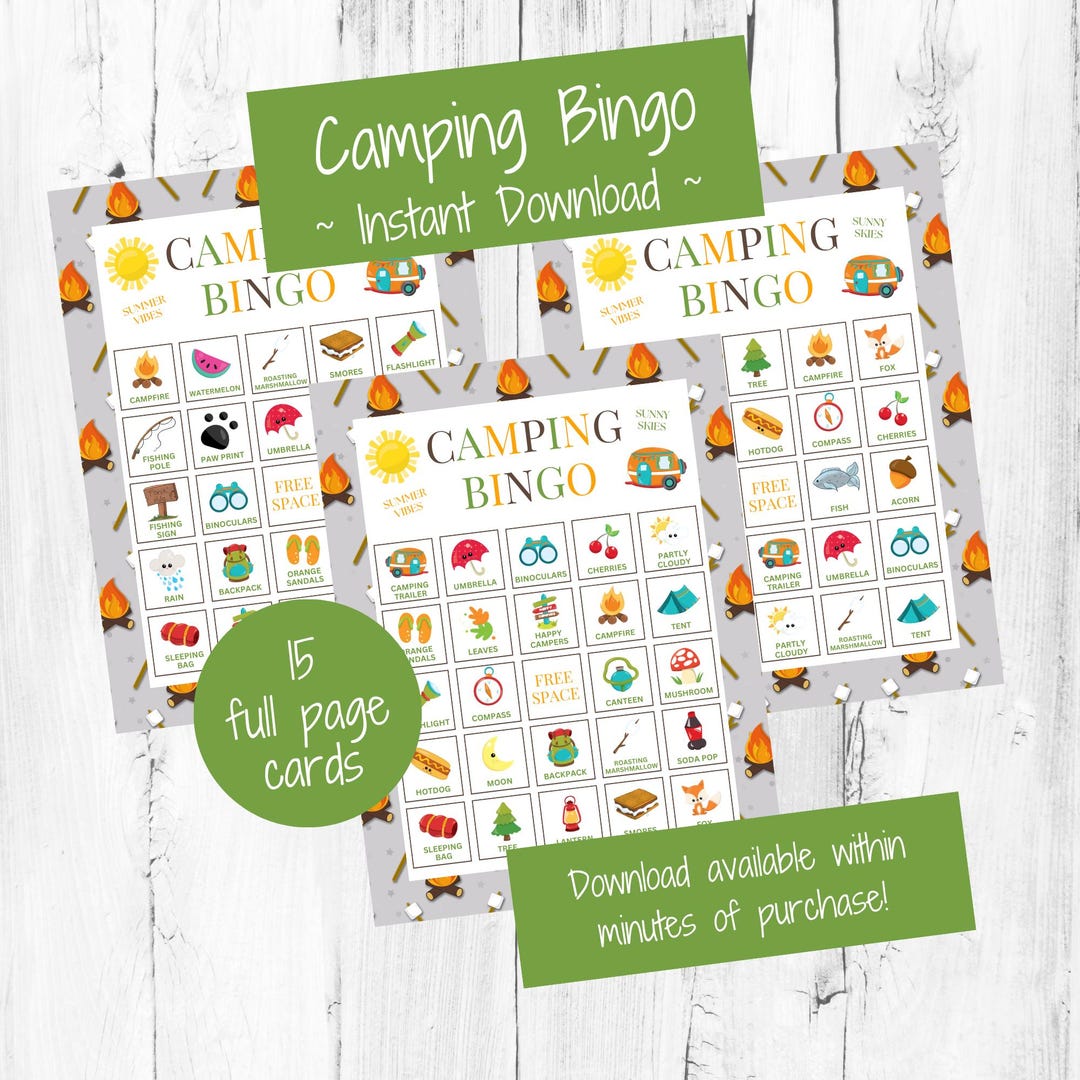 Printable Camping Bingo Game, 15 Camping Bingo Cards, Camping Party ...