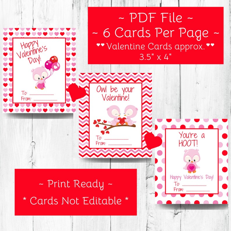 Printable Owl Valentine Cards, Kids Classroom Owl Valentine's Day Cards ...