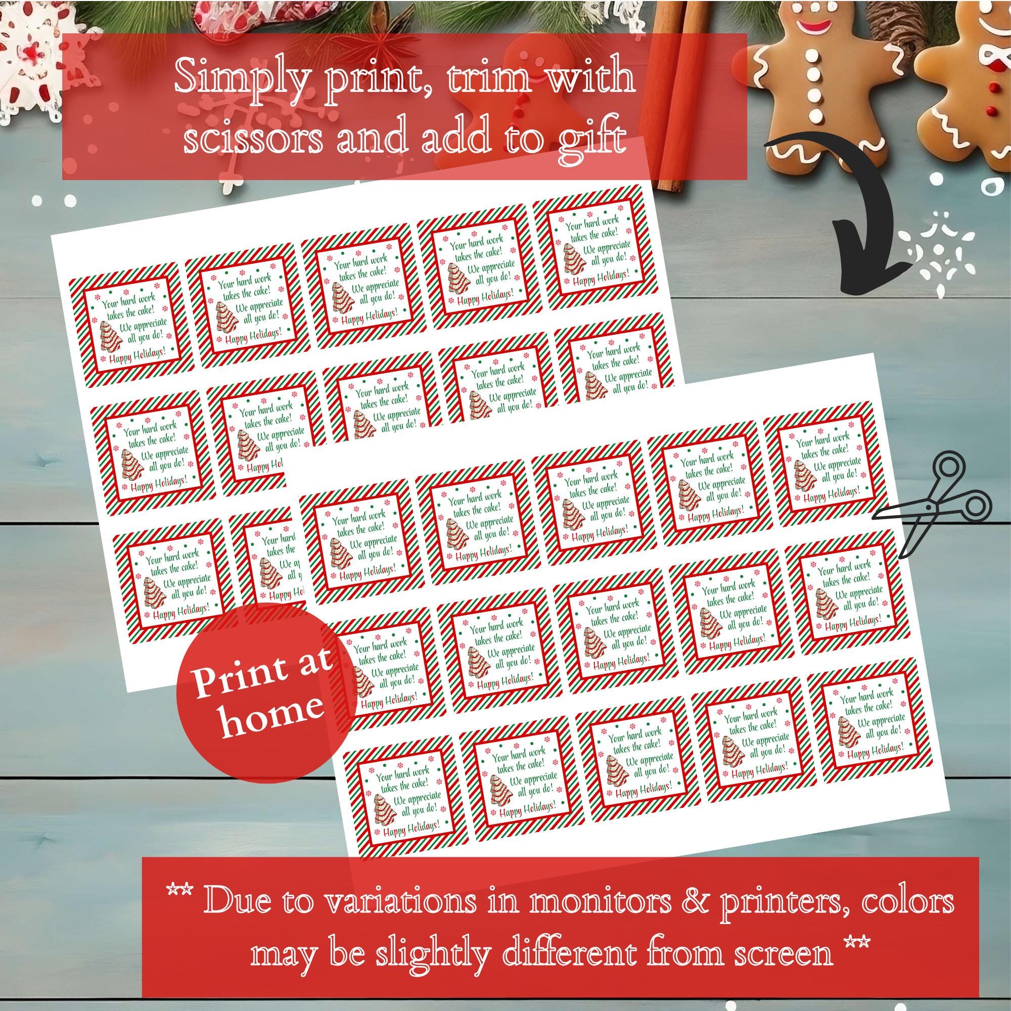 Christmas Tree Cake Gift Tags, Printable Staff Appreciation Holiday ...