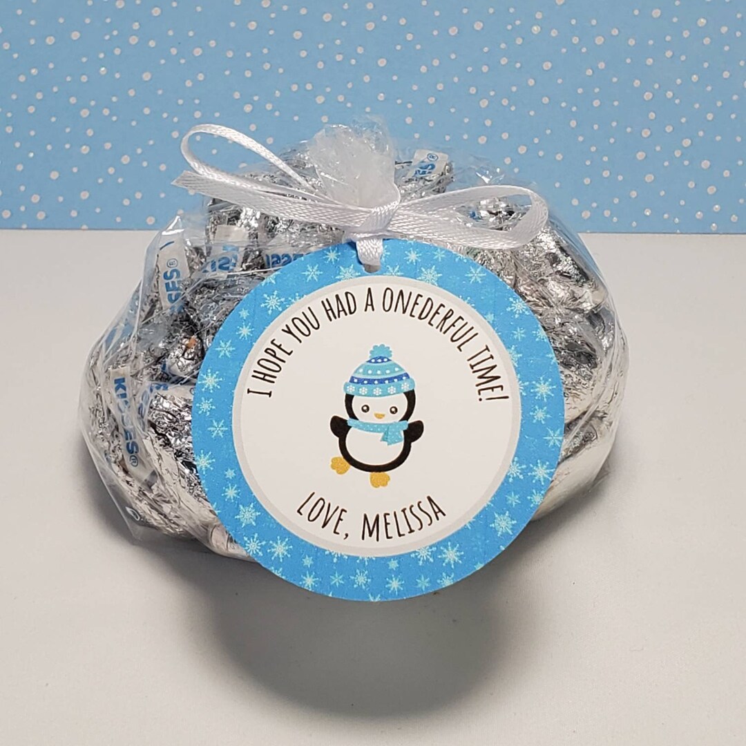 Penguin First Birthday Party Favor Tag, Blue Winter Snowflake Party ...