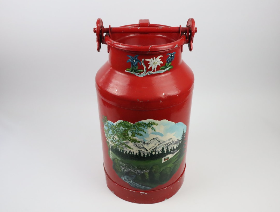 Vintage Milk Can in Red With Artful Painting, Great Decorative Object ...