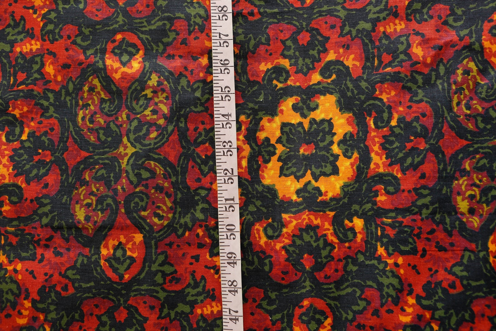 Vintage Cotton Canvas Fabric - Yellow Bursts With Red Olive Green 60's ...