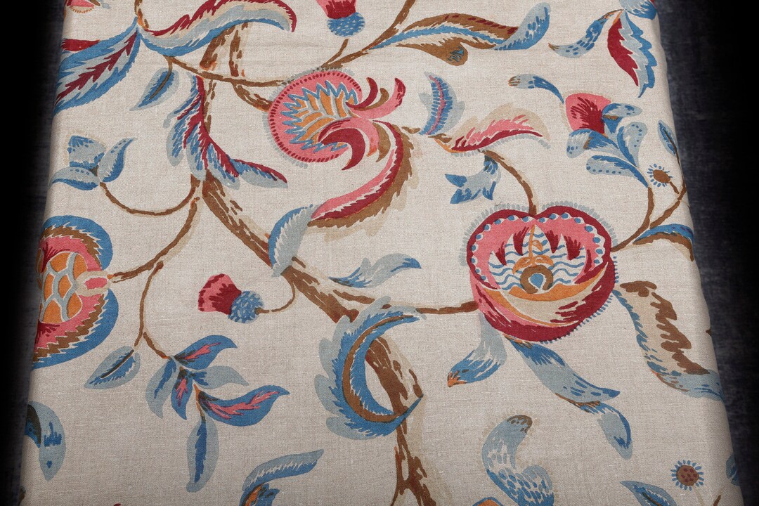 Pure Linen Handprint Fabric Pattern KENNETH Beige Linen With Floral ...