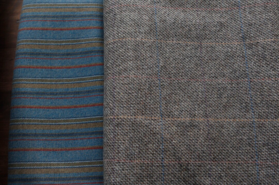 Vintage Wool-fine Blue Suiting Wool W Yellow Red Blue Stripes / Brown ...