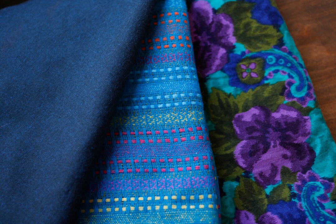 Vintage Blue Purple Fabric - 60s Vintage Floral Flannel, Blue Black ...