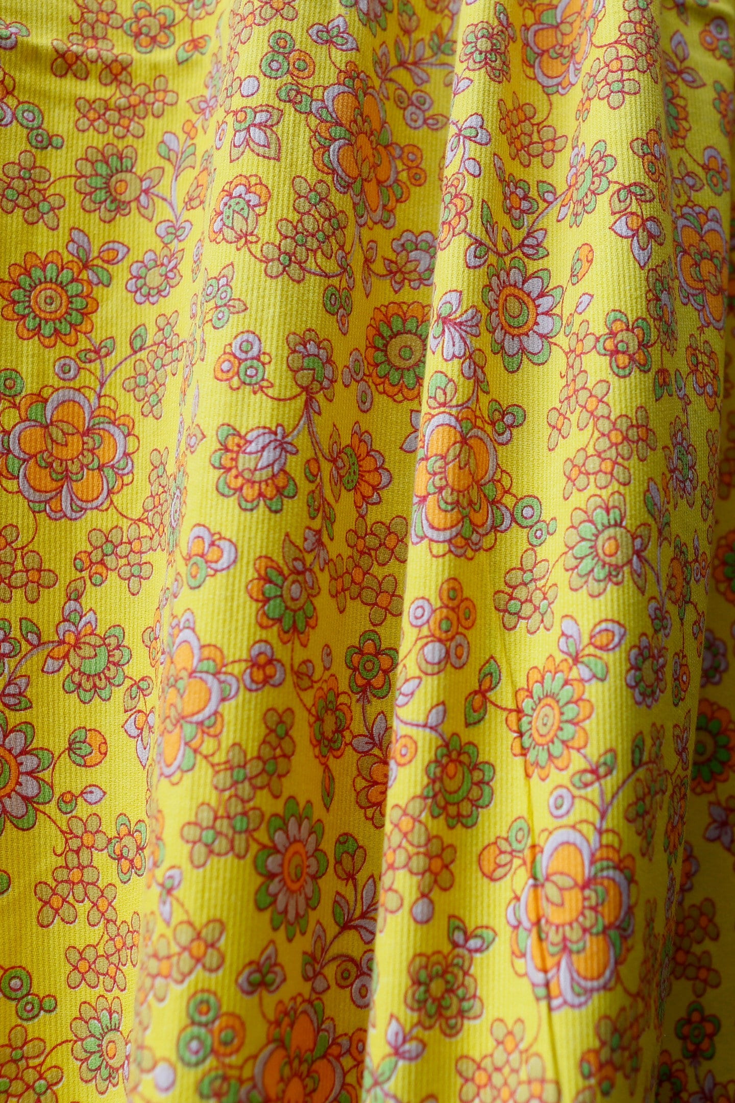 Yellow Ribbed 70's Fabric With Orange Purple Flowers / - Etsy