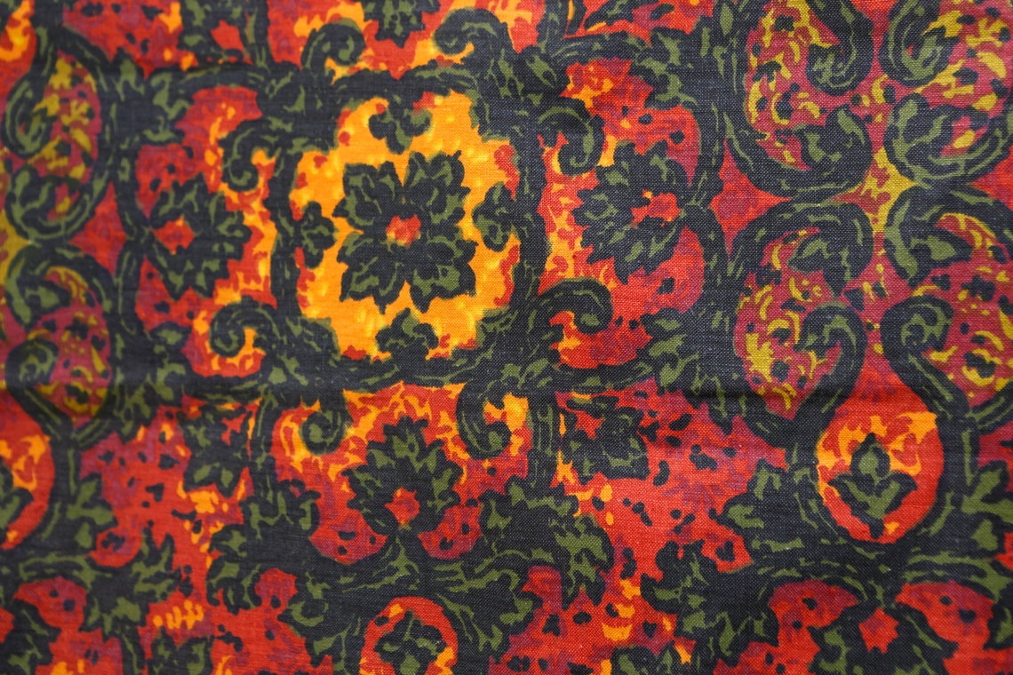 Vintage Cotton Canvas Fabric - Yellow Bursts With Red Olive Green 60's ...