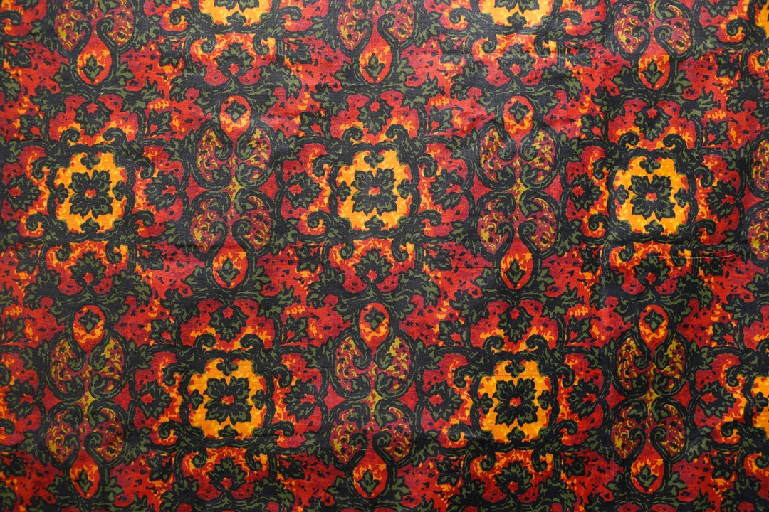 Vintage Cotton Canvas Fabric - Yellow Bursts With Red Olive Green 60's ...