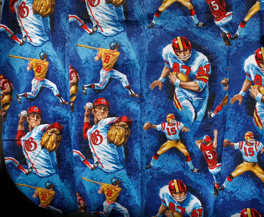 Vintage Baseball and Football Royal Blue Curtains + Bedspread 70's ...