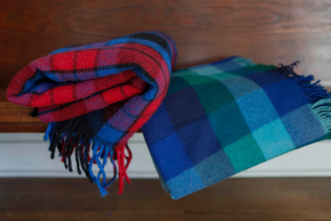 Vintage Wool Blankets Turquoise Blue Green Checked Wool / Red Blue ...