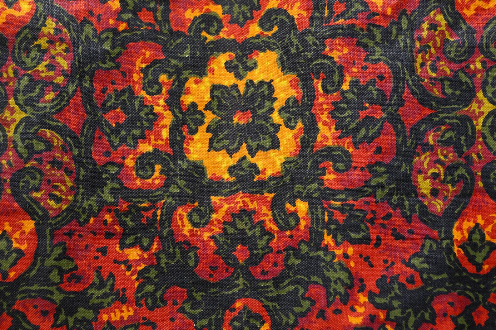 Vintage Cotton Canvas Fabric - Yellow Bursts With Red Olive Green 60's ...