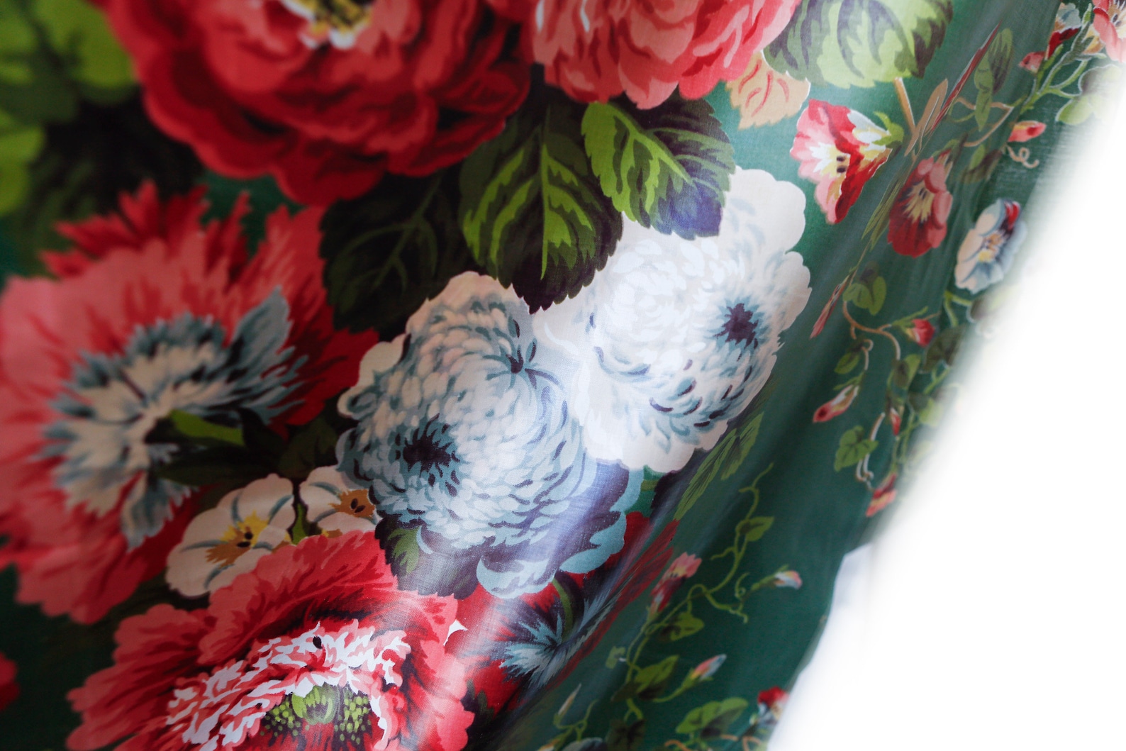 Very Vintage Chintz -green W Deep Red Festival Floral W Red White Roses ...