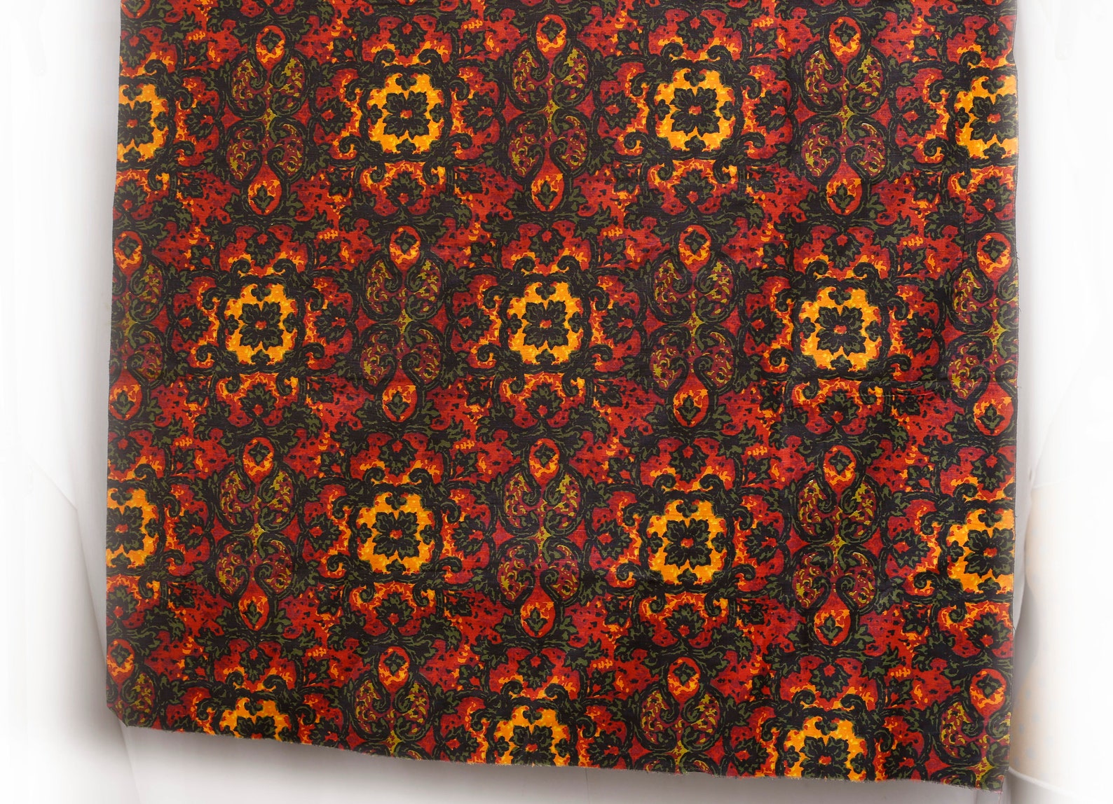 Vintage Cotton Canvas Fabric - Yellow Bursts With Red Olive Green 60's ...