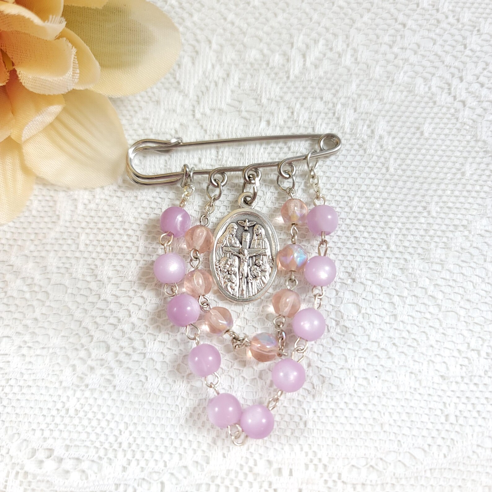Handmade Assemblage Safety Pin Religious Brooch/four Way Crucifix Medal ...
