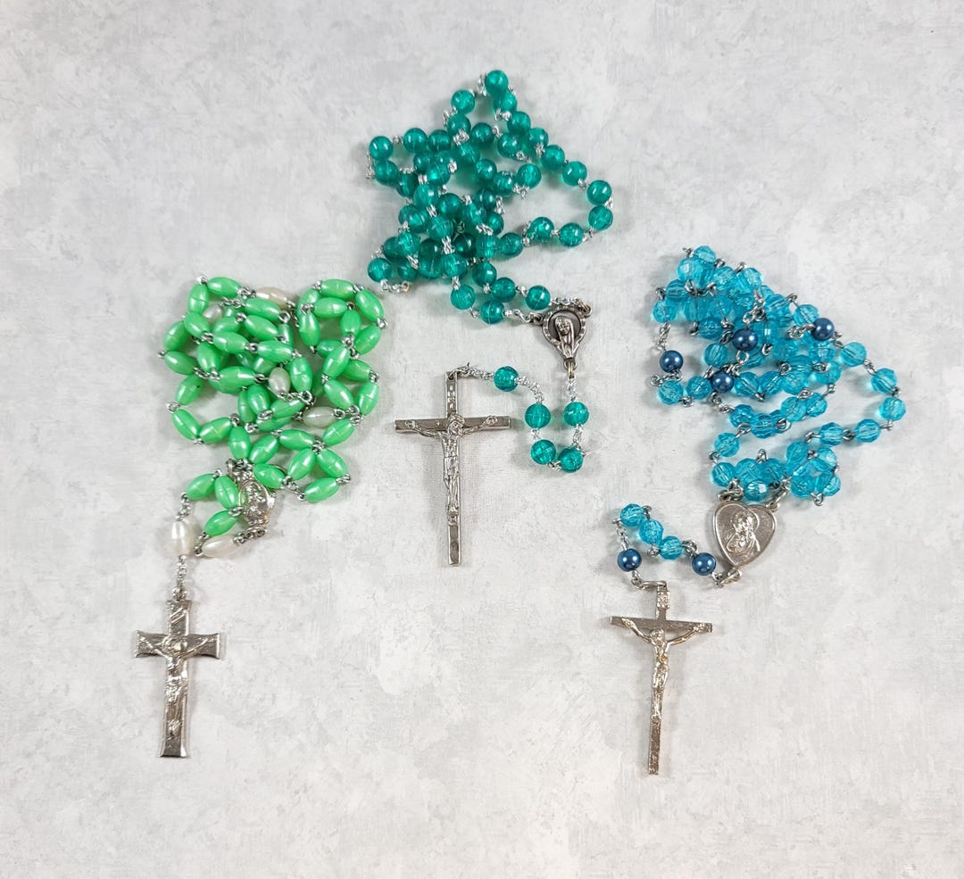 Vintage Catholic Plastic Rosary Lot of 3 / Assorted Green/blue Catholic Rosaries / Religious Lot ...