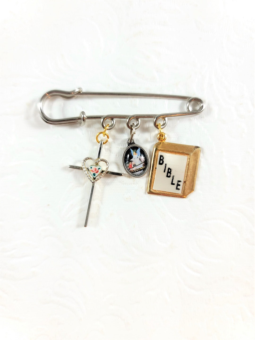 Safety Pin Religious Brooch / Re-purposed Bible Charm / Gulioche Enamel ...
