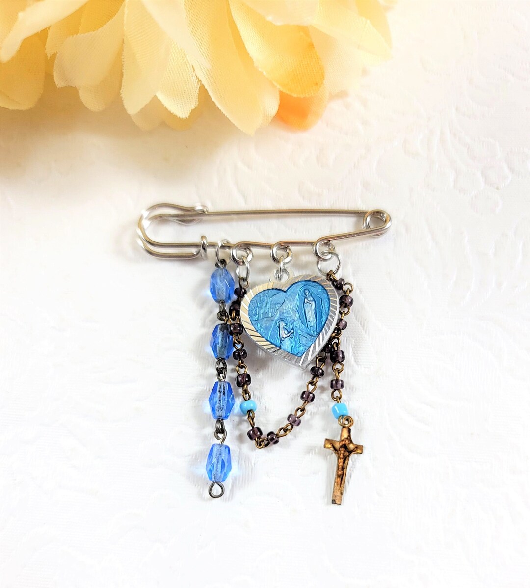 Safety Pin Religious Brooch / Our Lady of Lourdes Medal / Re-purposed ...