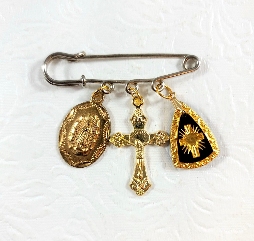 Safety Pin Religious Brooch / Re-purposed Goldtone Crucifix Medals ...