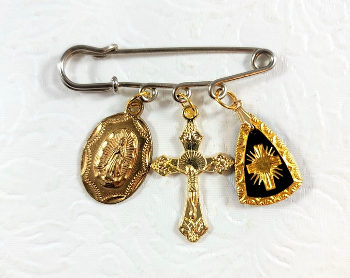 Safety Pin Religious Brooch / Re-purposed Goldtone Crucifix Medals ...