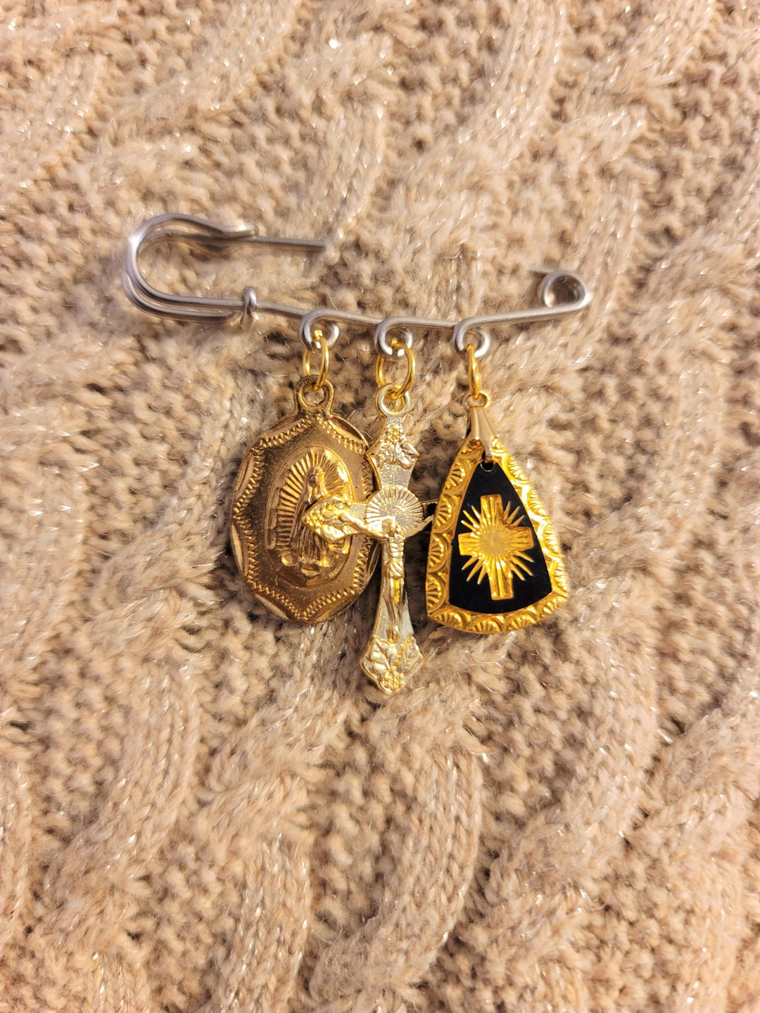 Safety Pin Religious Brooch / Re-purposed Goldtone Crucifix Medals ...