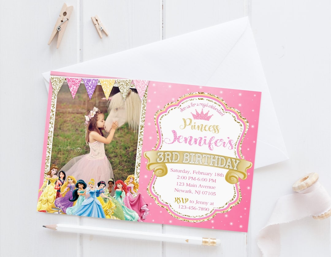 Disney Princess Invitation, Birthday, Ariel, Belle, Cinderella, Digital ...