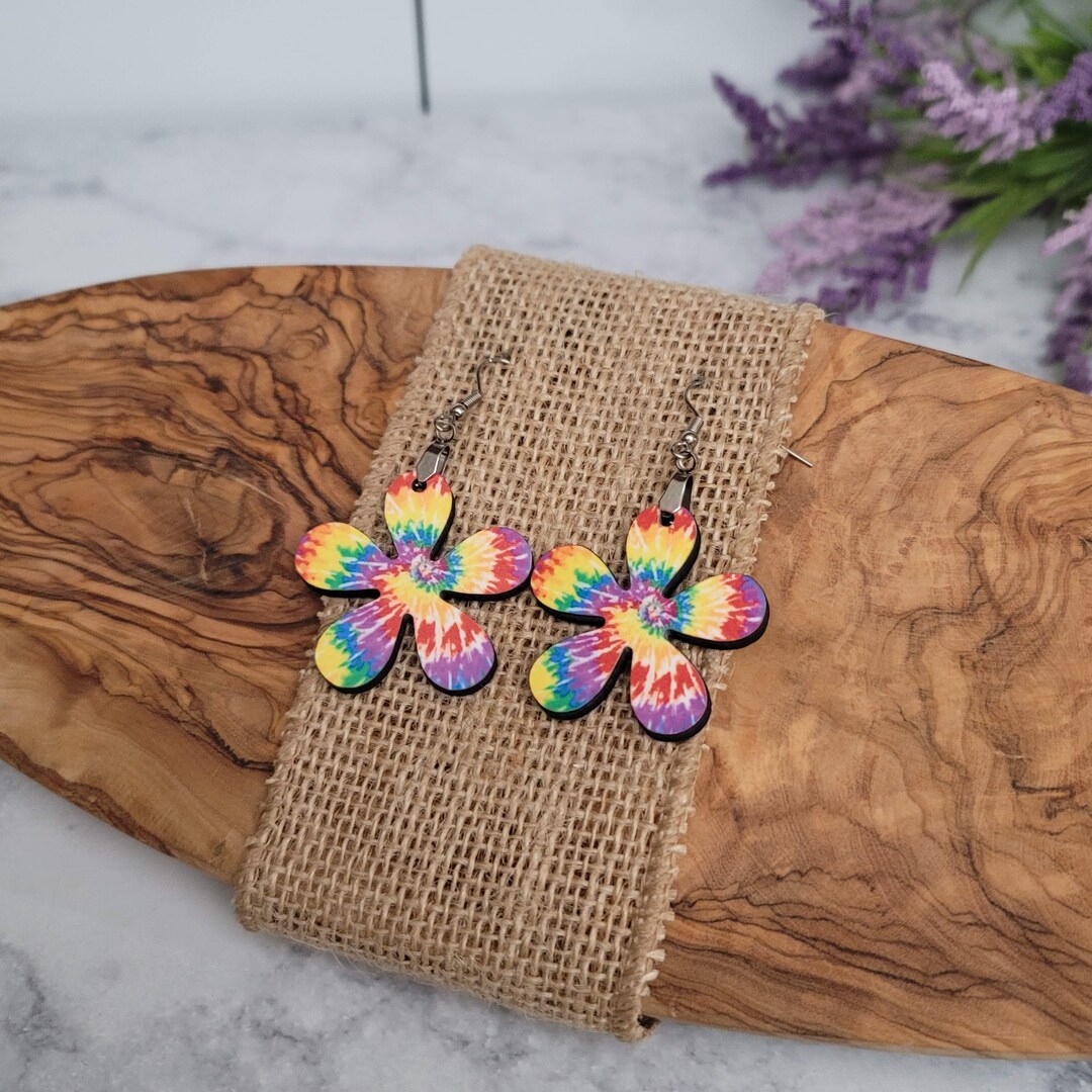 Hippie Flower Wood Earrings Tye Dye Earrings Nature Earrings Flower ...