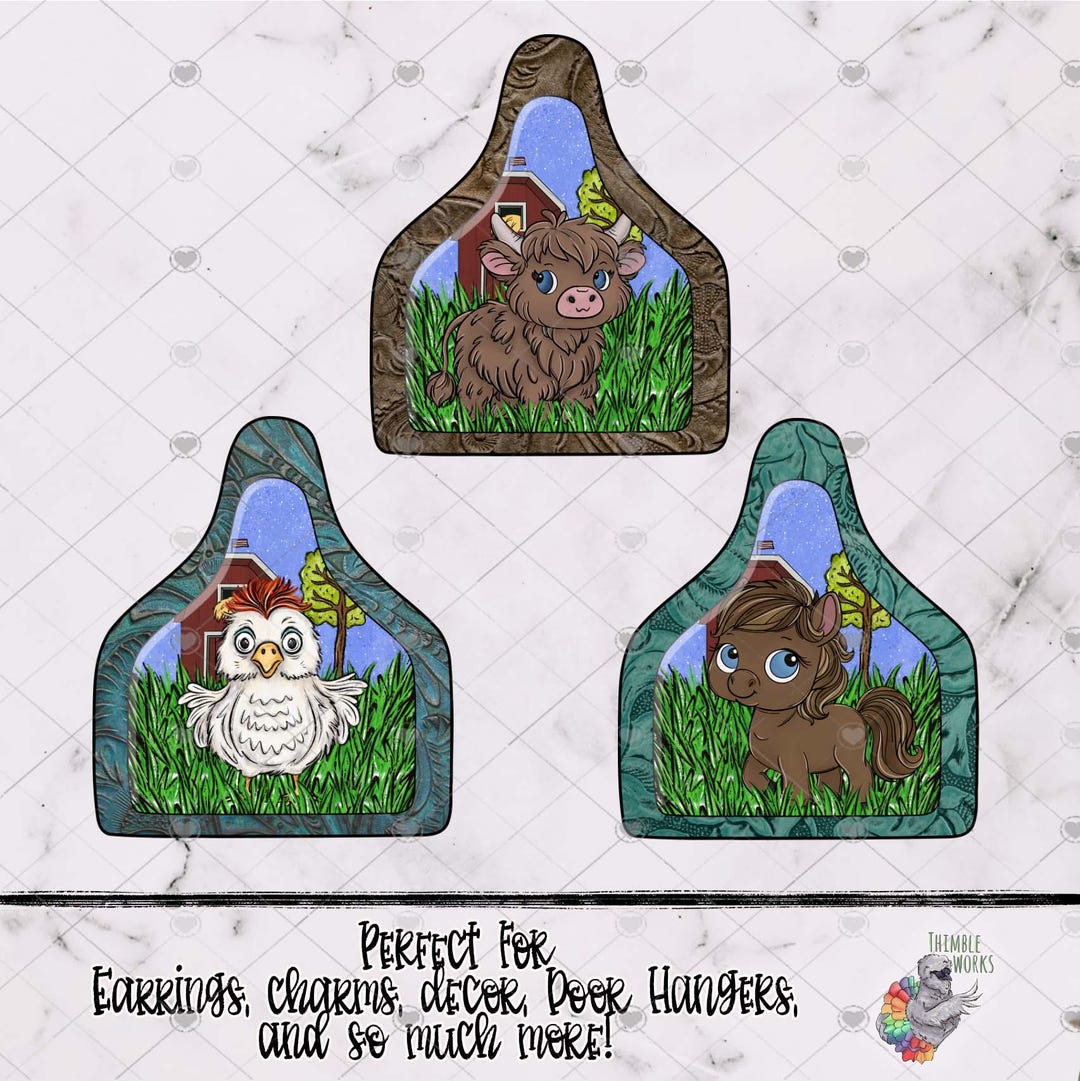 Farm Animals Sublimation Design, Cow Tag Earring, Highland Cow Design ...