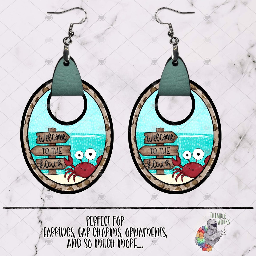 Welcome to the Beach Oval Leather Earring, Crab Leather Earring, Beach ...