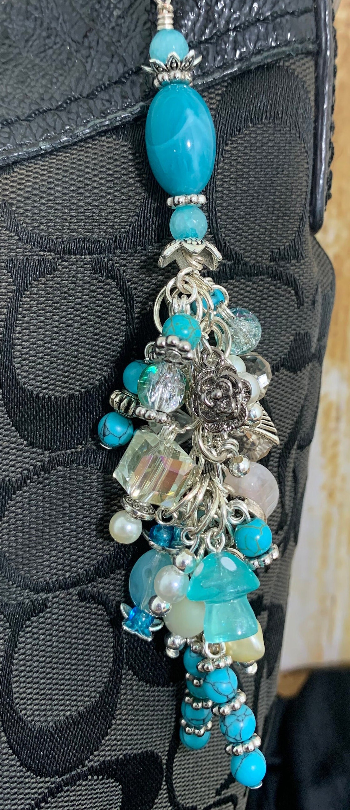 Handmade Purse Charm Featuring Silver and Turquoise Color Beads - Etsy