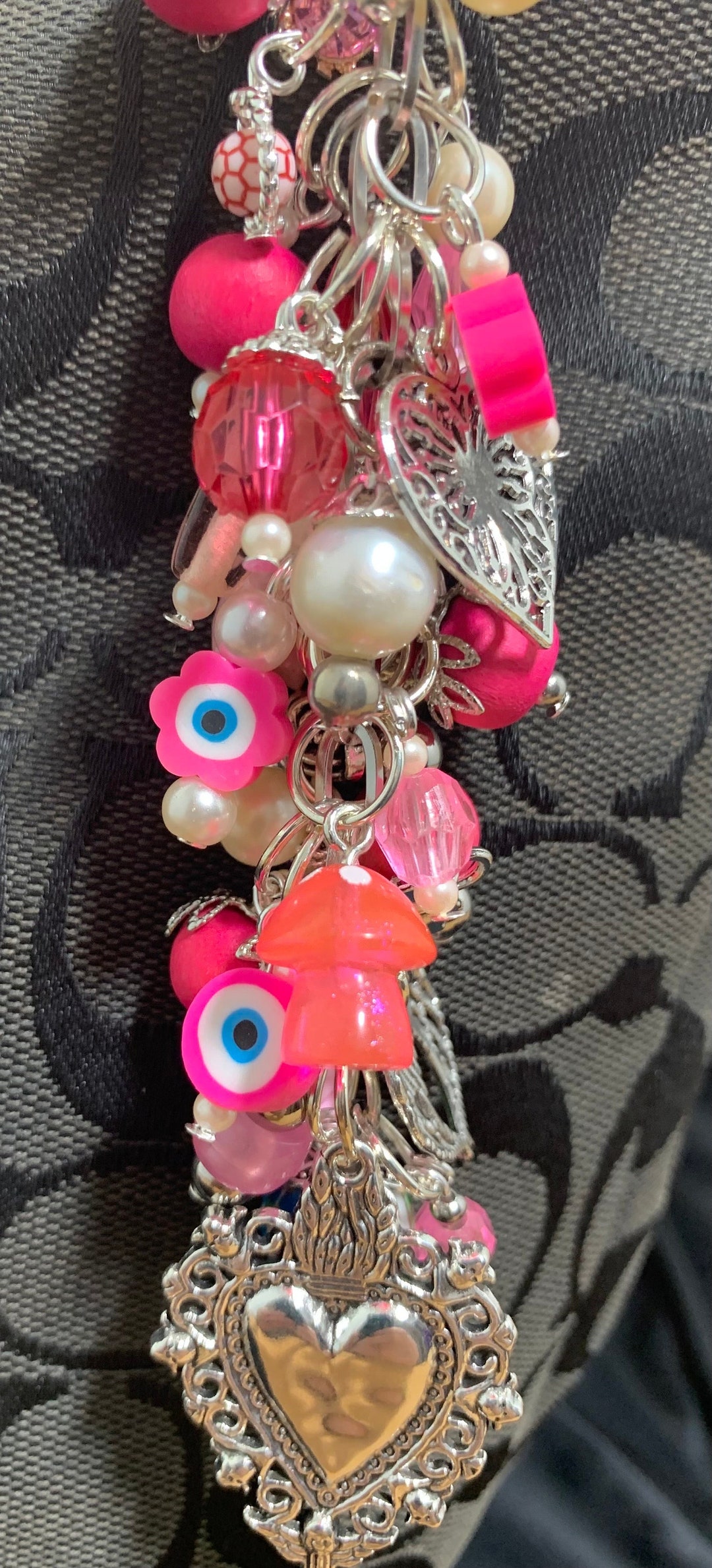 Handmade Purse Charm in Glamorous Pink, White and Silver Beaded Dangles ...