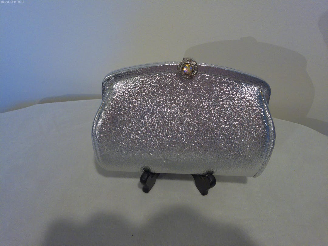 Vintage Silver Metallic Clutch Evening Bag Aurora Borealis Rhinestone ...