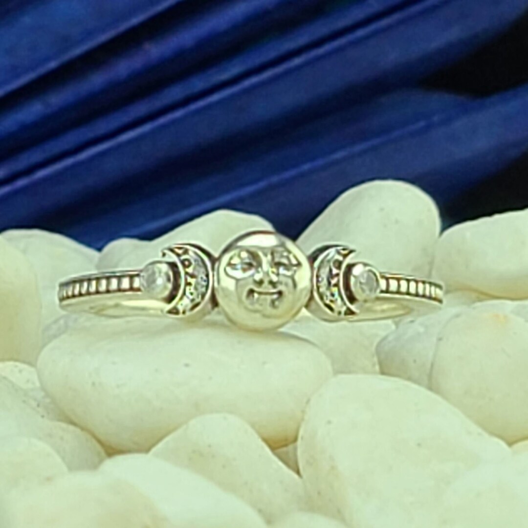 Happy Smile Celestial Moon Face Stack Ring Cute Crescent Moons & Diamonds Everyday Layered ...