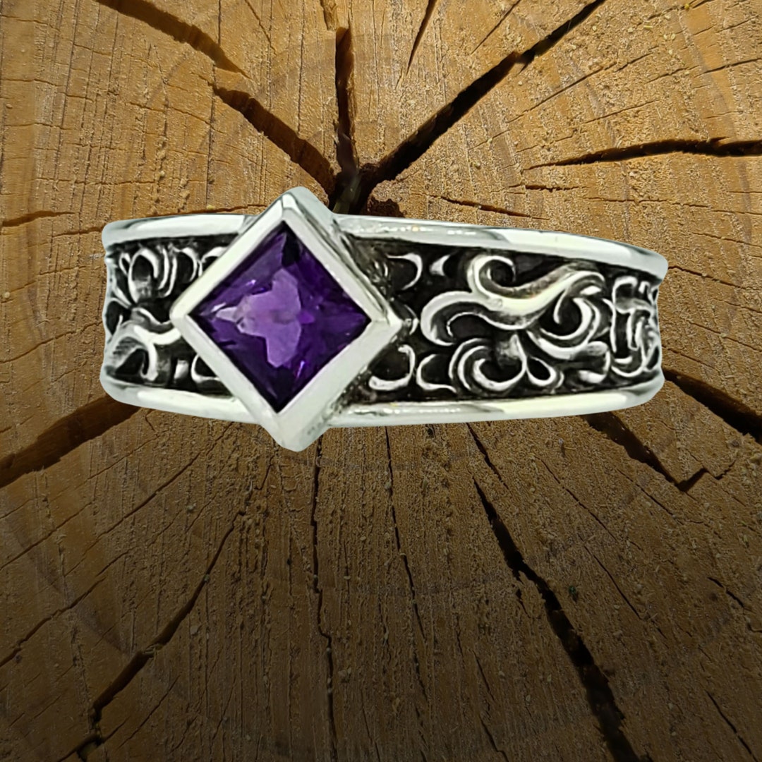 CASCADE Solitaire Silver Tapered Band Ring Amethyst Deeply Sculpted ...