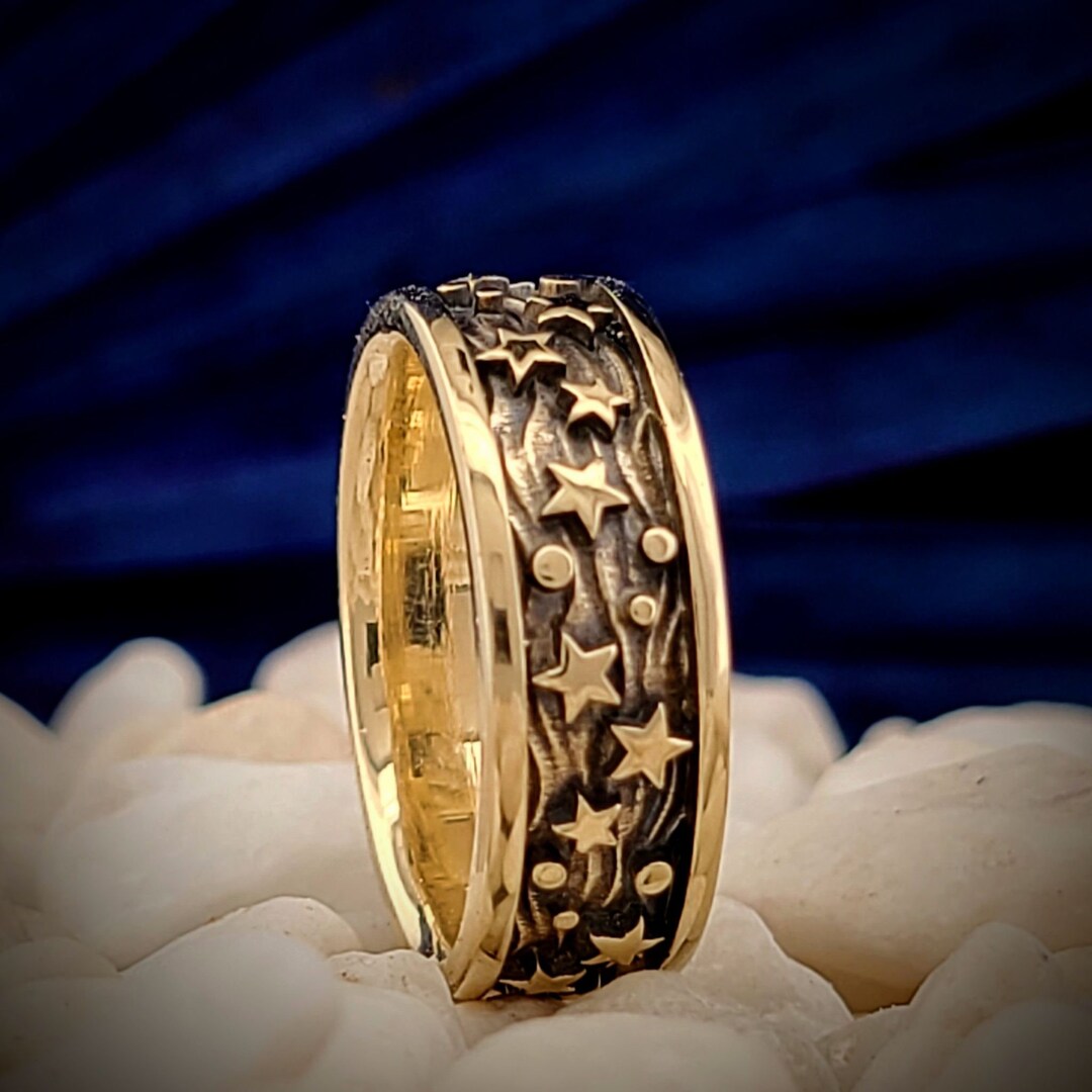 Starry Night Sky Celestial 2-TONE 10K Ring Carved Twinkling Star Wiccan ...